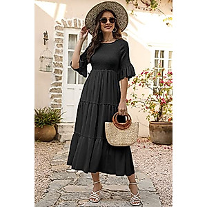 LILLUSORY Women's Black Funeral Dress 2023 Summer Trendy Casual Smocked Long Ruffle Tiered Flowy Midi Maxi Boho Dresses with Sleeves Black
