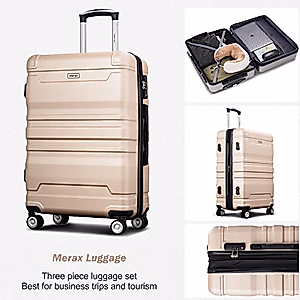 Merax Luggage Sets 3 Piece Suitcase, Hardside Suit case with Spinner Wheels Lightweight TSA Lock, Champagne, 20/24/28 Inch
