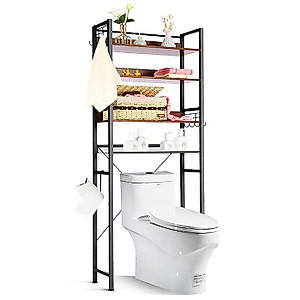 SEJOV 69" H Over-The-Toilet Storage, 4 Tiers Over The Toilet Bathroom Organizer, Wooden Freestanding Bathroom Shelf Over Toilet with Hooks and Special Metal Mesh Layer, Adjustable Feet, Rustic Brown