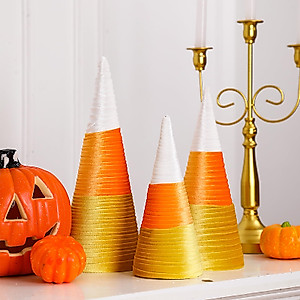 3 Pcs Large Halloween Candy Corn Table Decorations Velvet Cone Trees Set Orange Candy Corn Decorations Reusable Halloween Tabletop Centerpiece for Fall Halloween Farmhouse Party Table Decor