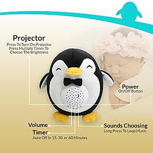 Baby Sleep Soother Penguin, White Noise Machine, Crib Toy with Cry Activated Sensor, Unique Baby Girl Gifts & Baby Boy Gifts, Woodland Baby Shower Gifts, Portable Sleep Aid Night Light