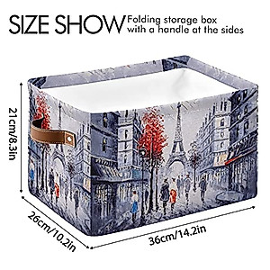 AUUXVA Paris Eiffel Tower Storage Bins Basket, Art Painting Romantic France Collapsible Storage Cube Rectangle Storage Box with Handles for Shelf Closet Nursery Bedroom Home Office 2 Pack