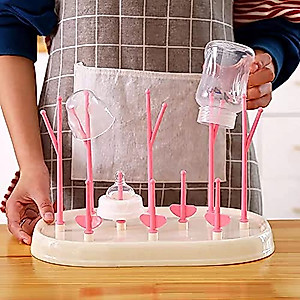 Gorgerous Baby Bottle Drying Rack with Tray Detachable Draining Rack Water Cup Rack Storage High Capacity Bottle Dryer Holder for Bottles,Teats,Cups,Pump Parts and Accessories (Pink with Cover)