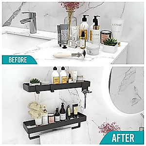 Boiarc Bathroom Shelves Acrylic Shower Shelves Wall Mounted Glass Shelves for Bathroom 2 Tier No Drilling Shower Shelf Storage Organizer with Towel Bar Black Acrylic Shower Caddy for Bathroom Kitchen