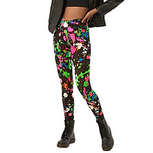 sissycos Women's 80s Neon Crossover Leggings Artistic Splash High Waisted Buttery Soft Printed Tights (Neon Fusion Splash, Large)