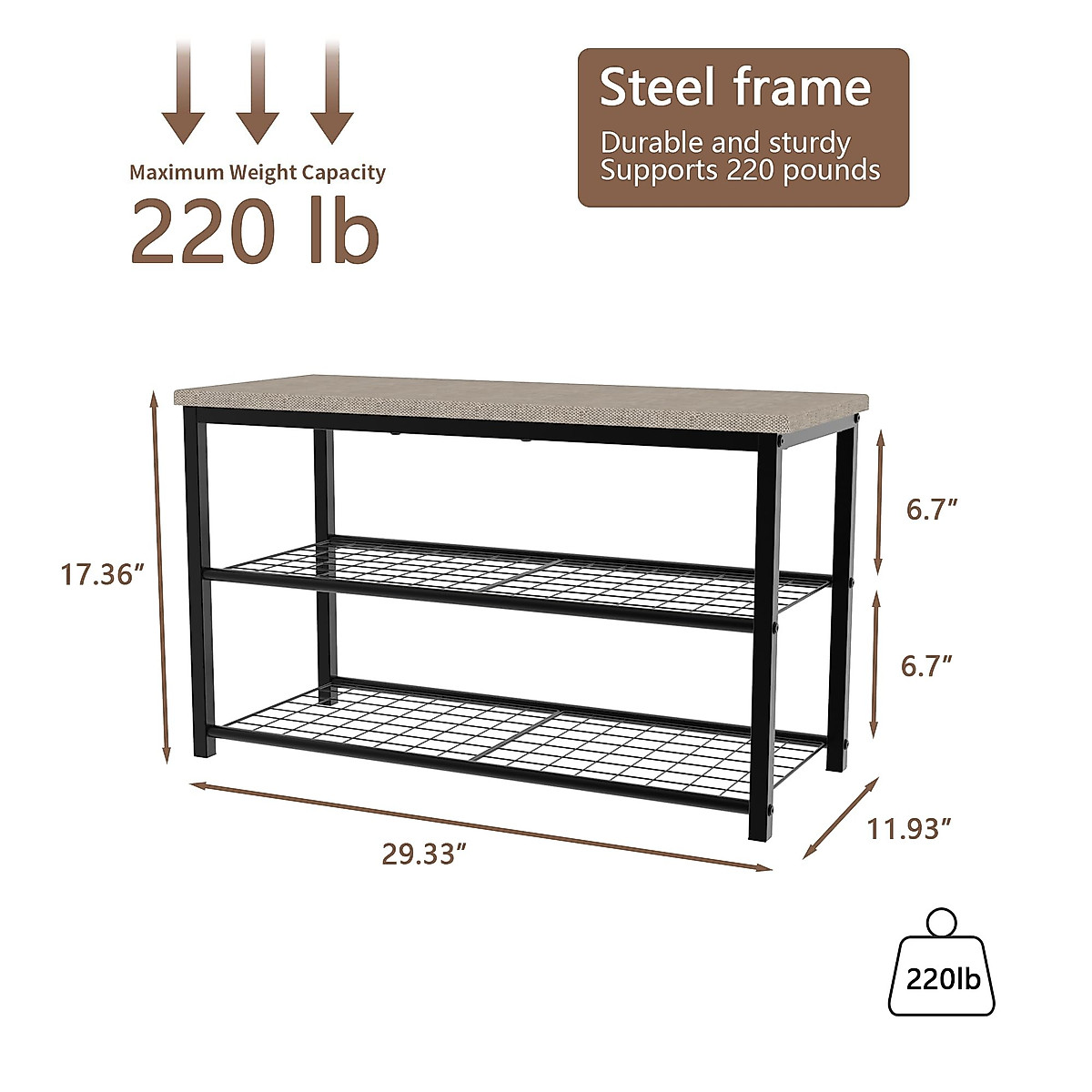 Rooflare Shoe Bench, 3 Tiers Shoe Rack for Entryway, Storage Organizer with Two Iron Shelf and top for Board, Shoe Shelf, Metal Steel Frame, Black, Durable