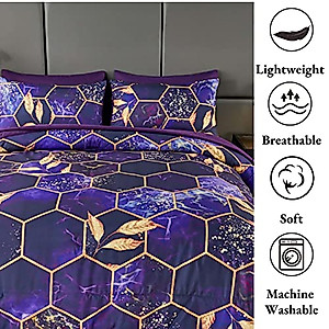 ANGIYUIN 7Pcs Bed-in-A-Bag Purple Gold Marble King Comforter Set with Sheets, 3D Geometric Hexagon Theme Decor Yellow Leaf Bedding Set, Modern Foil Print Duvet Insert for All Season (Purple King)
