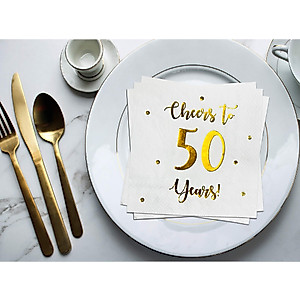 Cheers to 50 Years Cocktail Napkins | Happy 50th Birthday Decorations for Men and Women and Wedding Anniversary Party Decorations | 50-Pack 3-Ply Napkins | 5 x 5 inch folded (White)