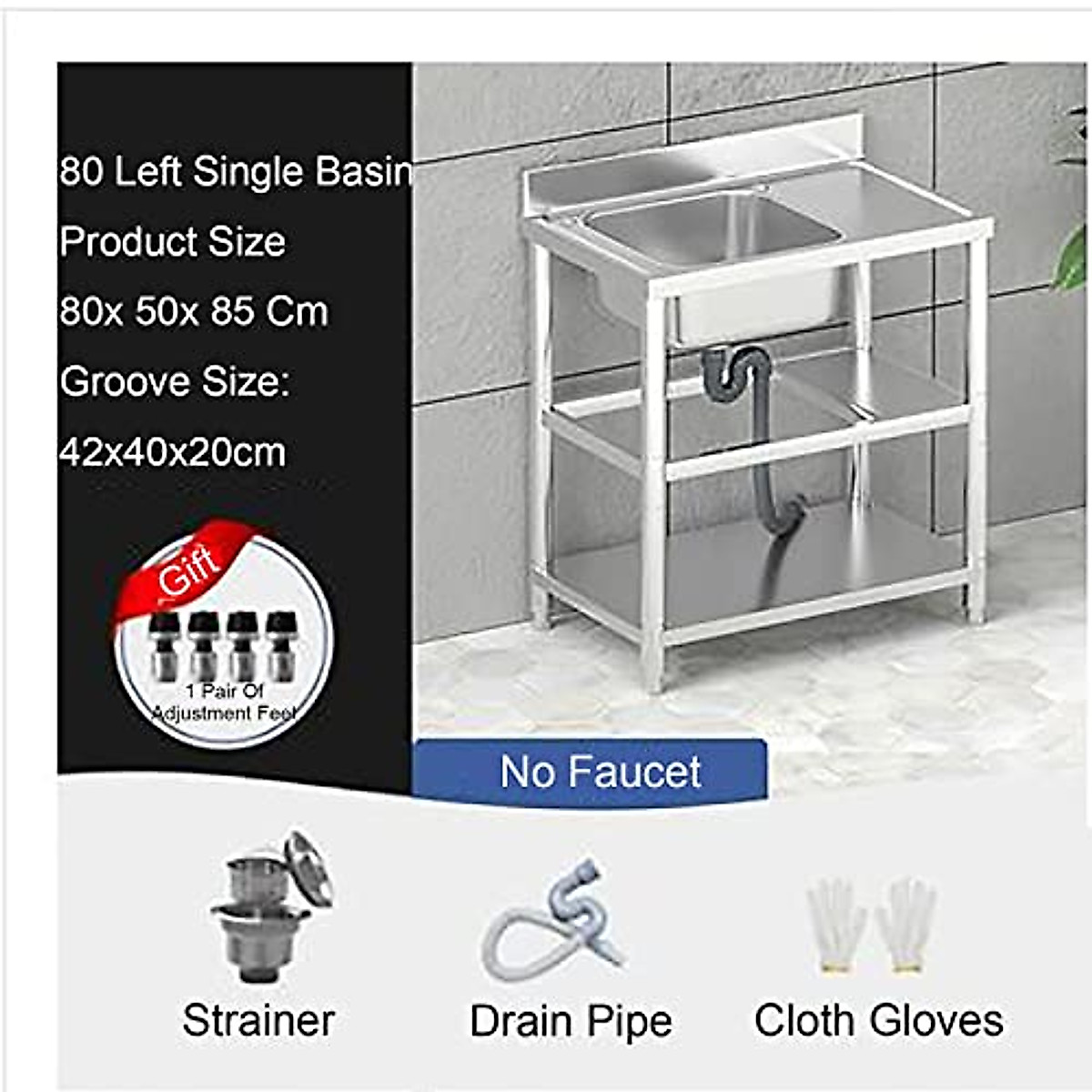 MARQI Stainless Steel Stand Alone Sink,Commercial Kitchen Sink,Free Standing Commercial Restaurant Sink,Easy to Clean,Adjustable Leg Height,for Restaurant,Outdoor,Garage. (Size : Headless)