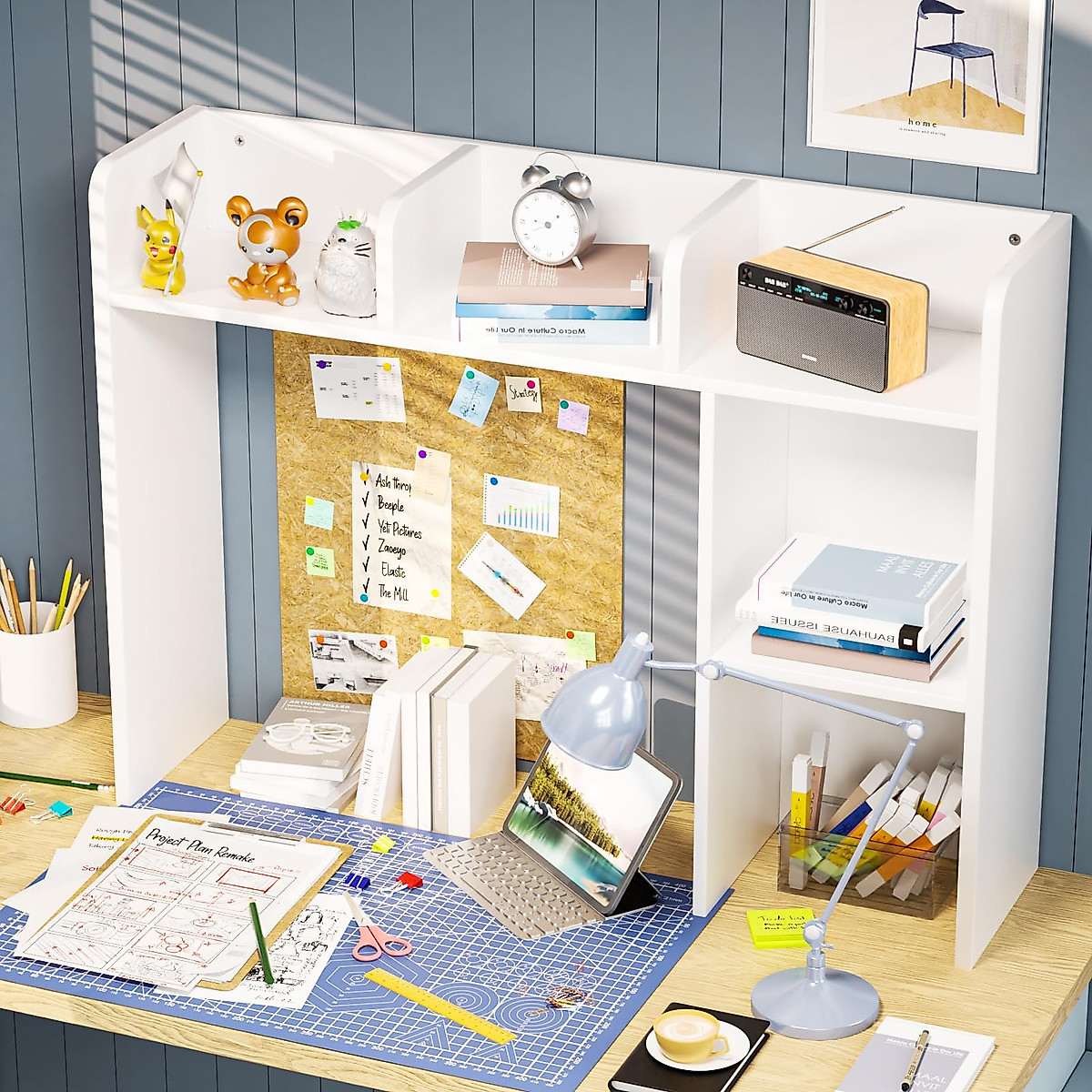 Mmucco Desk Hutch Dorm,3-Tier 5 Shelves Display Rack,Wooden Desk Shelving Desktop Bookshelf Hutch for Computer Desk,Multi-Purpose Organizer Shelf Suitable for Office Home Dormitory (White)