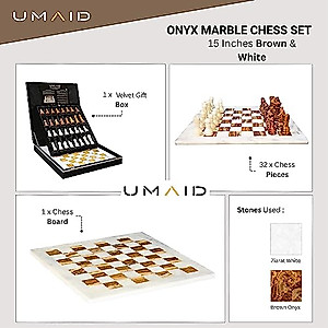 UMAID Handmade Marble Chess Set Board Game with Luxury Velvet Gift Box, 14” White & Brown Elegant Onyx Marble Chess Board, Unique Chess Sets for Adults and Modern Marble Home Decor
