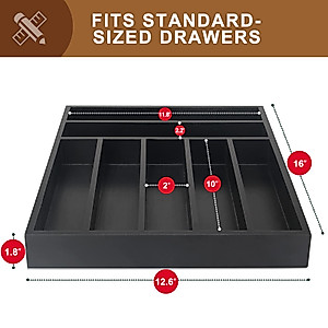 Large Kitchen Utensil Drawer Organizer Wood Silverware Tray Cutlery Bamboo Drawer Organizer 16" x 12.6" Wooden Cutlery Tray Best Flatware Organizer Utensil Tray Black Silverware Drawer Organizer