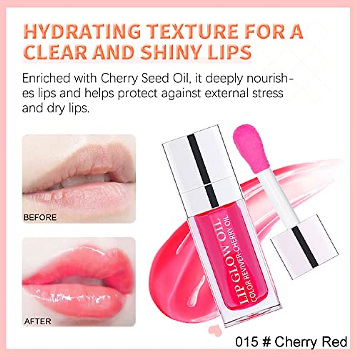 Amazfly Hydrating Lip Oil, Plumping Lip Gloss Tinted Lip Balm Lip Care Transparent Toot Lip Oil, Long Lasting Nourishing Lip Glow Oil Non-sticky Big Brush Head Glitter Shine Primer Lip Tint (015 #