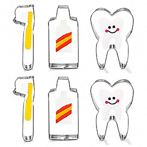 6Pcs Tooth Brush/Toothpaste/Teeth Cute Stainless Steel Cookie Cutter Fondant Cutter Baby Kids First Tooth Party Decorations Supplies Dentist Birthday Gift