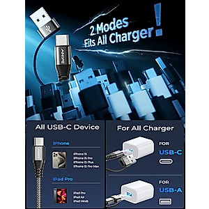 AINOPE USB C to USB C Cable [60W, 6FT] C to C Type Fast Charging Cable with Removable USB C to USB Adapter, Fast Charge USB C Cable for iPad Pro Air Galaxy