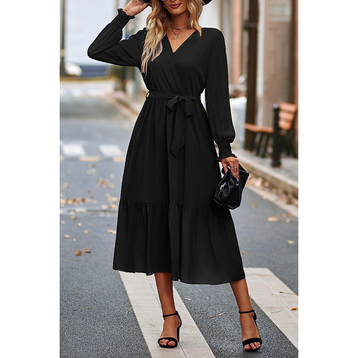 PRETTYGARDEN Women's Floral Print Boho Dress Long Sleeve Wrap V Neck Ruffle Belted A-Line Flowy Maxi Dresses (Solid Black,Large)