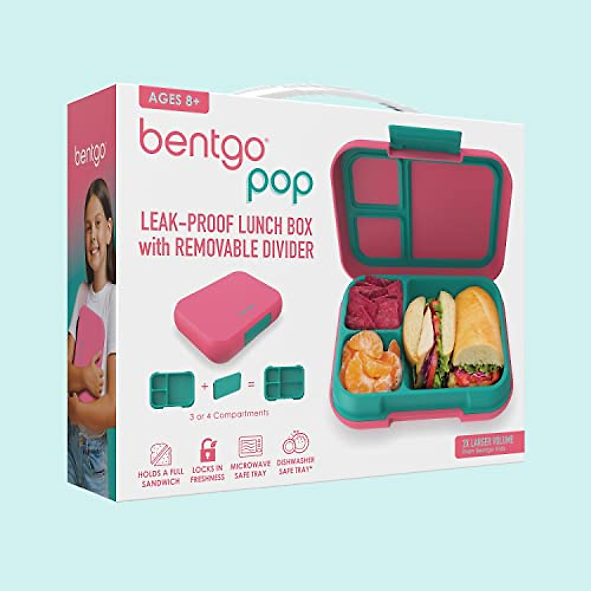 Bentgo® Pop - Bento-Style Lunch Box for Kids 8+ and Teens - Holds 5 Cups of Food with Removable Divider for 3-4 Compartments - Leak-Proof, Microwave/Dishwasher Safe, BPA-Free (Bright Coral/Teal)
