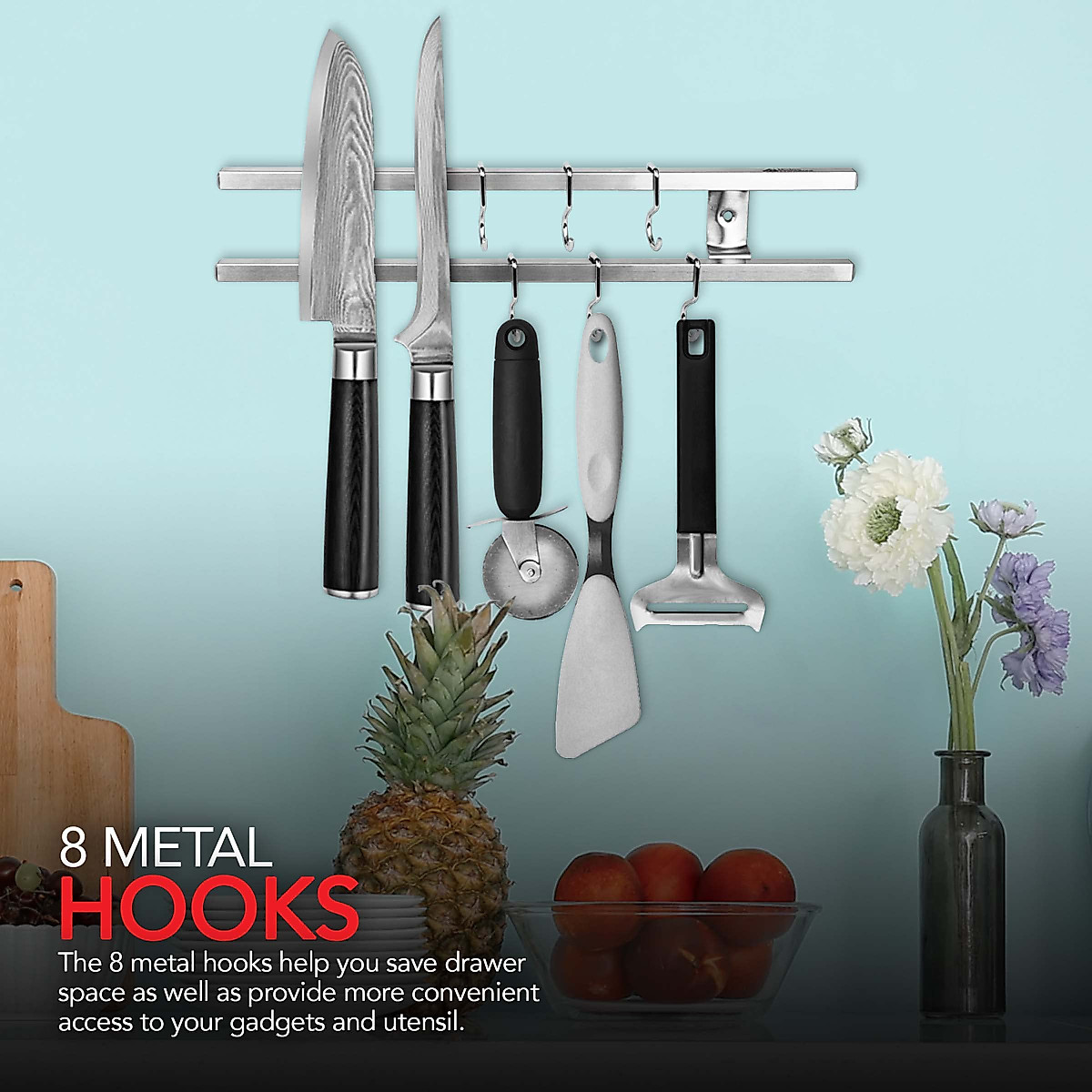 Modern Innovations (12 Inch) Stainless Steel Metal Magnetic Knife Holder, Wall Mount Double Bar with 8 Hooks - Multipurpose Knife Magnetic Strip, Utensil hanger, and Kitchen Storage Rack Magnet