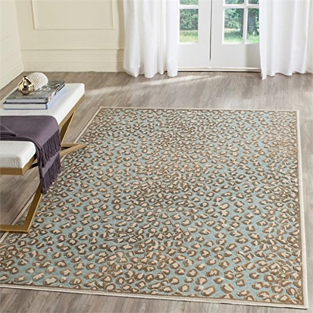 SAFAVIEH Paradise Collection Area Rug - 5'3" x 7'6", Stone & Aqua, Animal Print Viscose Design, Ideal for High Traffic Areas in Living Room, Bedroom (PAR84-3470)