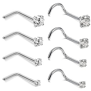 Vitaltyextracts 8pcs 20G Hypoallergenic Nose Screw Studs Round Diamond Surgical Steel Nose Rings Piercing Set