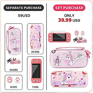 RHOTALL Carrying Case for Nintendo Switch Lite, Cute Case Cover Accessories Bundle for Switch Lite with TPU Protective Shell, Adjustable Shoulder Strap, Screen Protector and 2 Thumb Caps - Unicorn
