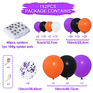 152Pcs Halloween Balloons Arch Garland Kit, Orange Purple and Black Balloon with Halloween Spider Web, Spiders for Halloween Birthday decor Supplies Cute Halloween Party Decorations
