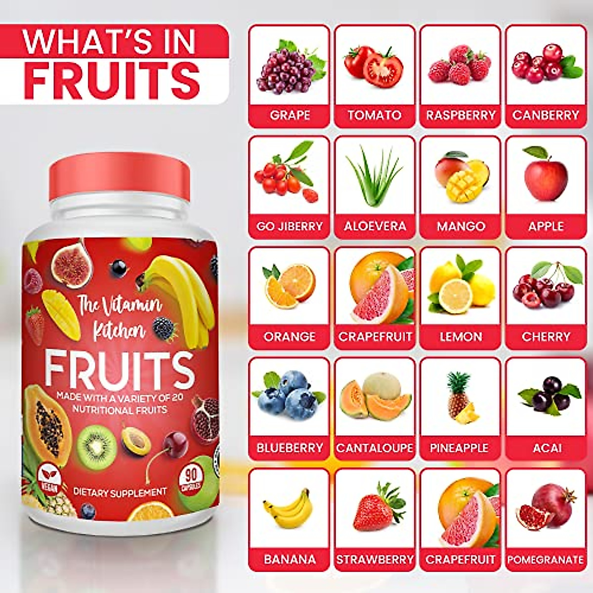 The Vitamin Kitchen Fruit and Veggie Supplements-90 Fruits, 90 Veggies Capsules to Boost Energy Balance - Whole Food Fruits and Vegetable from Nature - Made in USA - Soy & Vegan Free (Pack of 2)