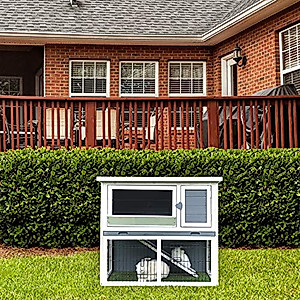 Hanover Outdoor Wooden 2-Story Rabbit Hutch with Ramp, Wire Mesh Run, Cage, Waterproof Roof, Removable Tray - HANRH0103-GRY