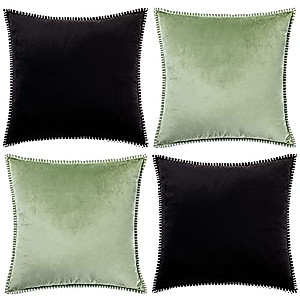 GAWAMAY Solid Soft Velvet Farmhouse Spring Black Pillow Covers 18x18 Set of 2,Decorative Green Throw Pillows with Chenille Edge,Square Boho Couch Pillows for Living Room Sofa Couch Beding(45x45cm)