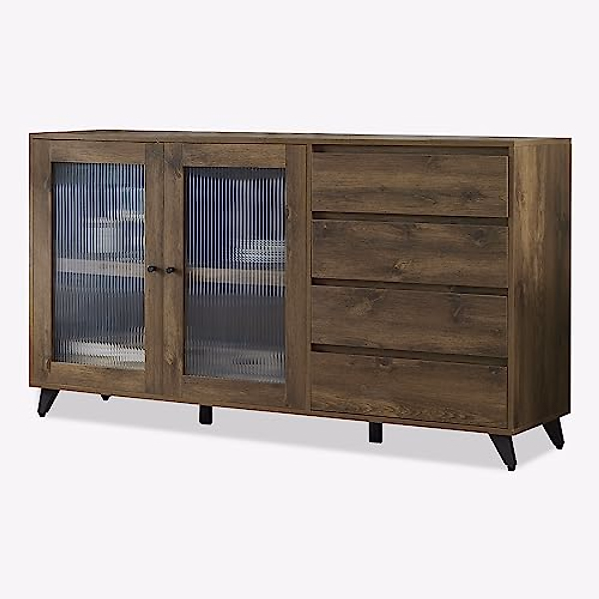 worldchoice Sideboard Buffet Cabinet 63" Wine Bar Cabinet with 4 Drawers & 2 Tempered Glass Doors Coffee Bar Cabinet Console Cabinet with Adjustable Shelf for Living Room Dining Room Kitchen, Brown