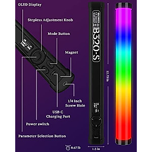 MUZAGATA LED Light Wand Photography 1200 Lux, 2500K-9900K RGB Tube Light CRI＞95, Handheld Photography Light Bar Built in 5200mAh Battery with OLED Display, Light Painting Photography Tools