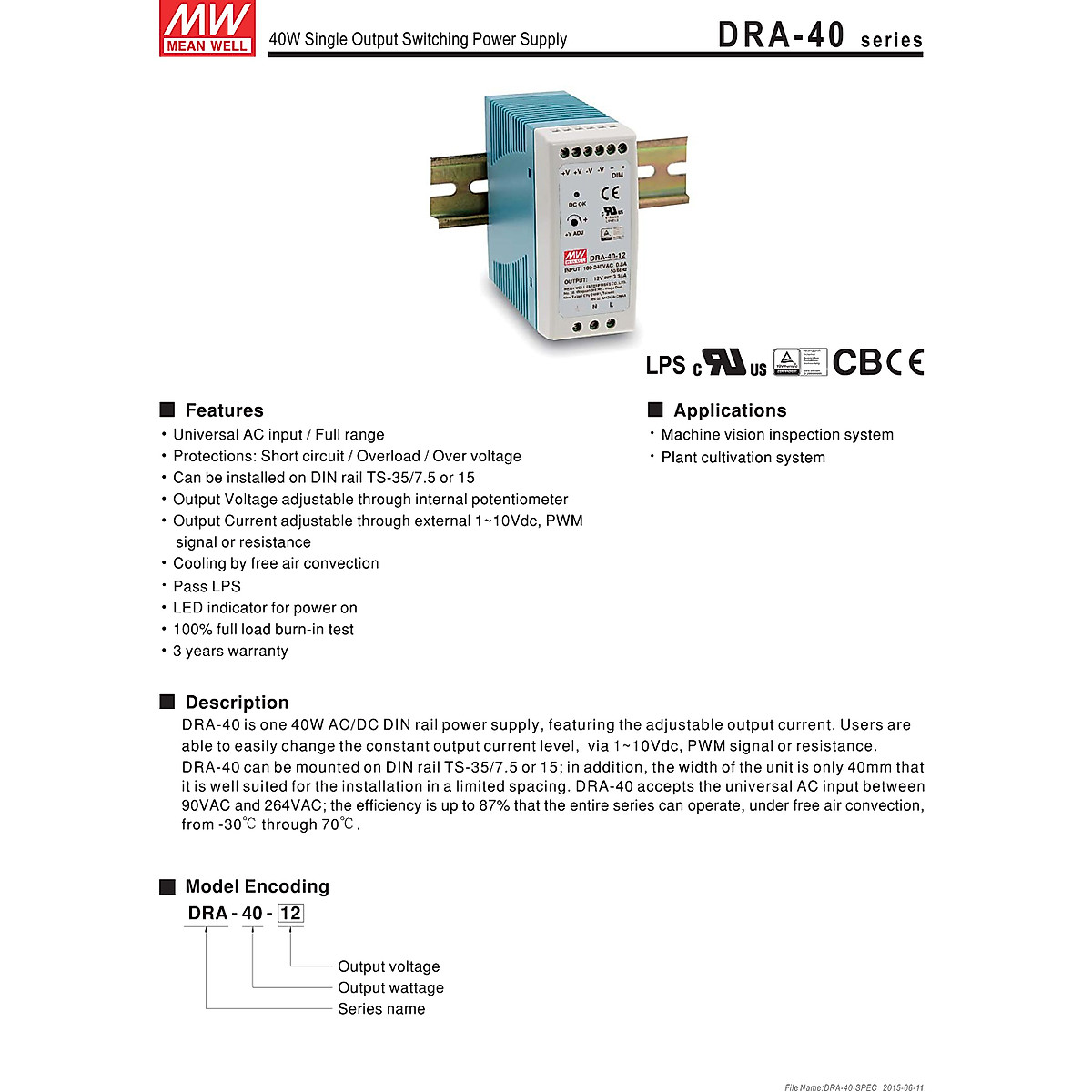[PowerNex] Mean Well DRA-40-12 12V 3.34A 40W Single Output Switching Power Supply