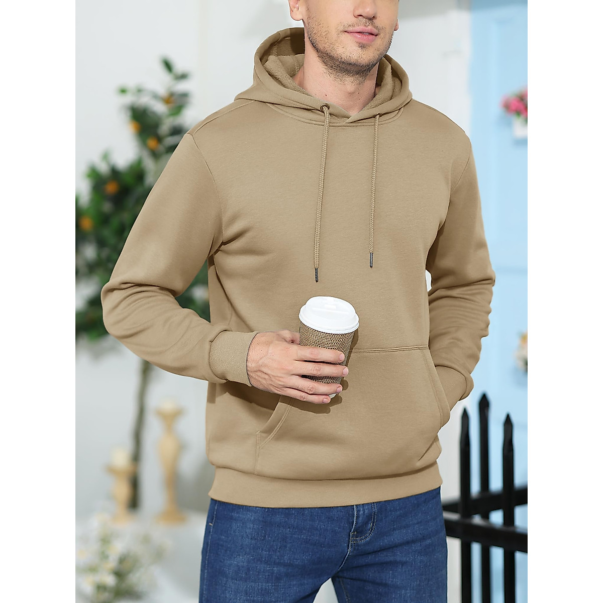 MAGCOMSEN Mens Hoodies Pullover Athletic Workout Hoodies Fall Warm Midweight Pullover Casual Sweatshirts Plain Hooded Sweatshirts Khaki XL