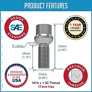 Wheel Accessories Parts 20 Pcs M14 x 1.5 Thread OE Style Large Ball Seat Lug Bolt 17mm Hex 28mm Thread Length Chrome Finish Fits Mecedes-Benz C-Class EQB-Class EQE-Class GLA-Class GLB-Class SL-Class