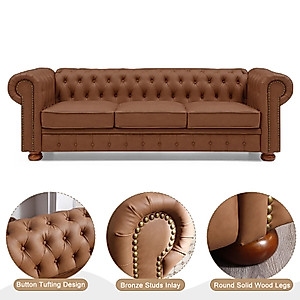 Neylory Leather Couches for Living Room, 3 Seater Classic Chesterfield Sofa Couch with Button Tufted Back and Roll Arms, 88.5-Inch Faux Leather Sofa with Nailhead Trim and Solid Wood Legs (Brown)