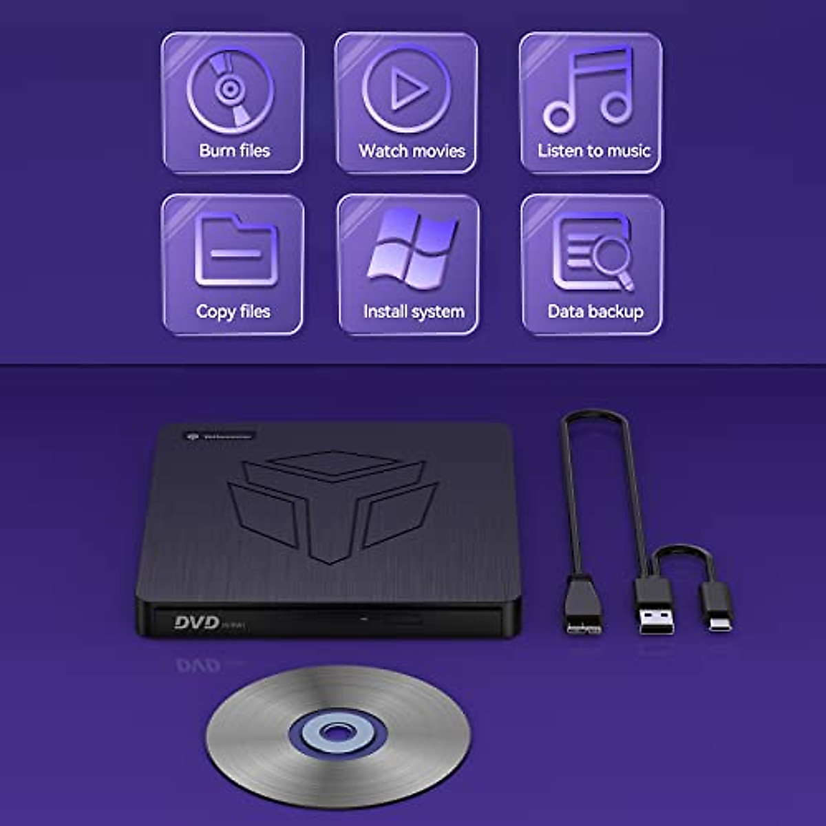 Yottamaster External CD/DVD Drive USB 3.0 CD Burner with SD/TF Card Reader and 2 USB-A Ports, Portable CD/DVD +/-RW Drive/DVD Player for Laptop Desktop PC [P-CD06]