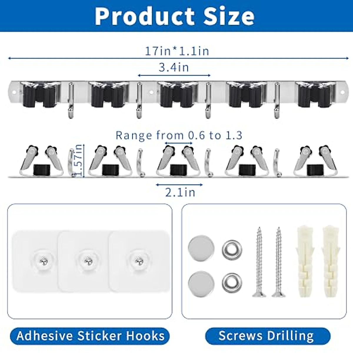 romise Mop Broom Holder Wall Mount, Laundry Broom Holder Organizer Storage Tool Wall Hanging with 5 Racks 4 Hooks, Stainless Steel Heavy Duty Garage Self Adhesive Tool Hanger for Home Garden Kitchen