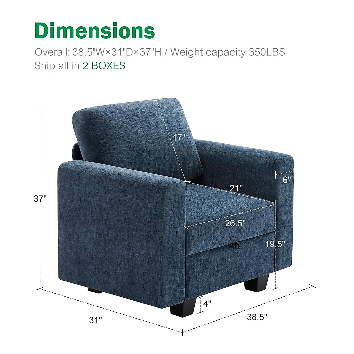 ABCASA 38.5 Oversized Accent Chair with Storage Blue Chenille, Single Modern Accent Sofa Chair with Arms for Apartment Living Room (21" Deep Seat)