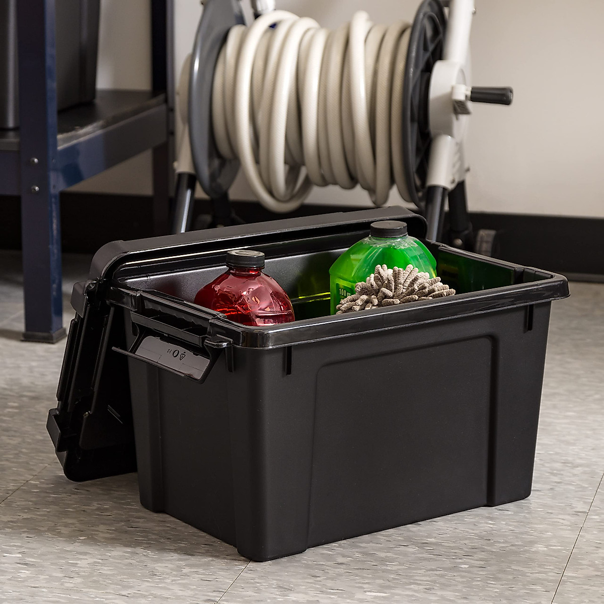 IRIS USA 5 Gallon Lockable Storage Bins with Lids, 6 Pack - Made in USA, Heavy Duty, Stackable Containers, Garage Organizing Bins Moving Tubs, Rugged Sturdy Equipment Utility Box - Black