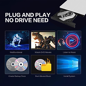 Hcsunfly External CD/DVD Drive for Laptop, USB 3.0 Ultra-Slim Portable Burner Writer Compatible with Mac MacBook Pro/Air iMac Desktop Windows 7/8/10/XP/Vista (White)