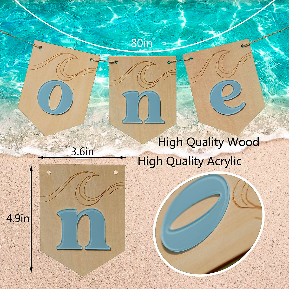 Lintran Surf Theme Wood One Banner - Wooden Letters Banner for 1st Birthday, High Chair Decoration