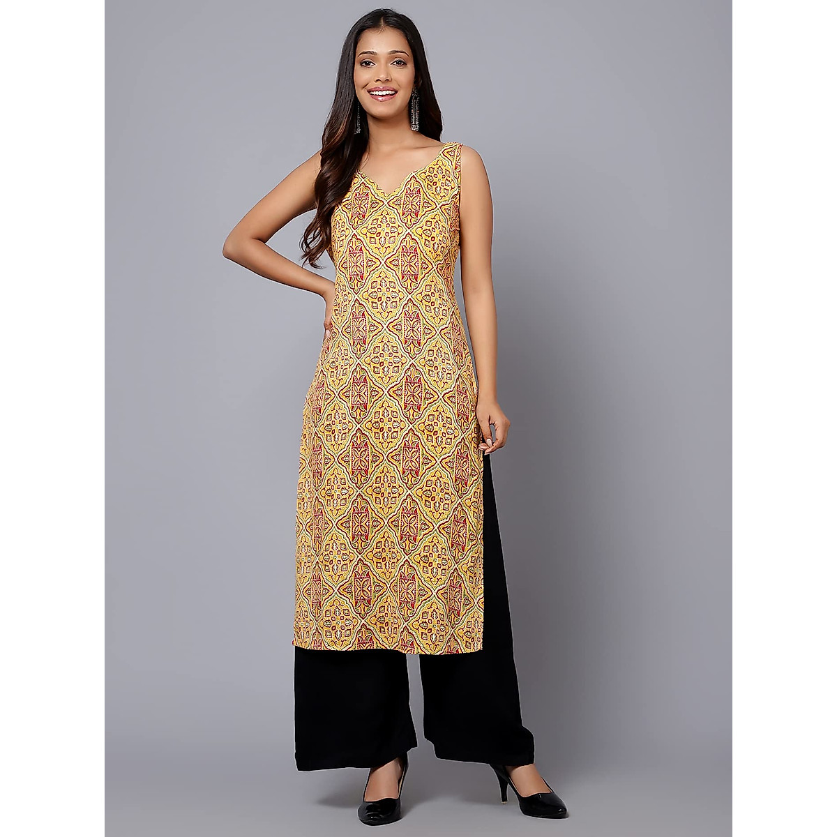 Bani Women Printed Sleeveless Kurta with Adjustable Shoulder Strap Ethnic Indian Ready to Wear Kurti for Girls Yellow