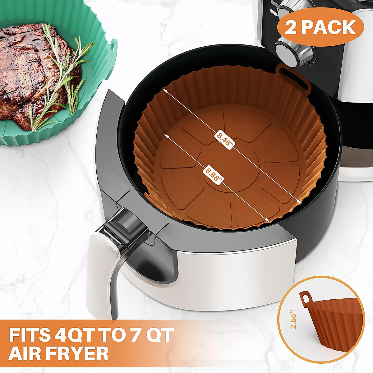 ME.FAN Air Fryer Silicone Liners for 4 to 7 QT [2 Pack] Air Fryer Silicone Liners Pot - Reusable Air Fryer Basket with Handles & Holes - Air Fryer Oven Accessoriess - Dark Orange+Mint Green