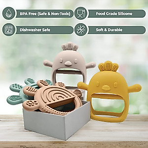 Petite Bee - Silicone Baby Teether Animal Toy Sunshine and Chicken Never Drop Soothing Pacifier & Infant Chew Toy (2 Pack, Beige & Pink)