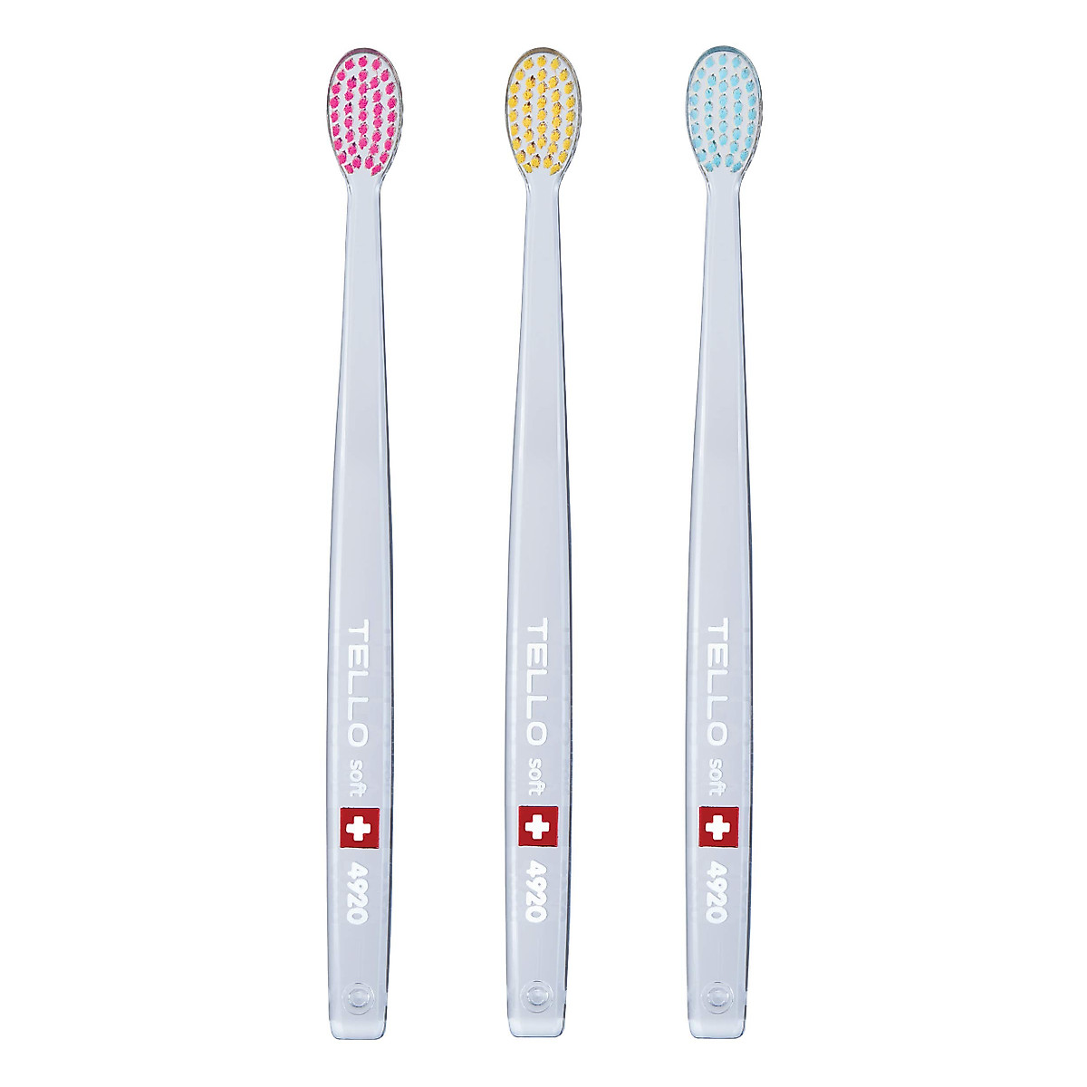 TELLO 4920 Adult Soft Swiss Toothbrush for Gentle Cleaning with Ergonomic Handle, 3 Count