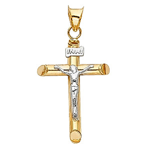 14k Two Tone Gold Religious Crucifix Cross Charm Pendant - 35 X 15 MM Real Gold Jesus Cross Necklace Pendant - Best Gift for Men and Women