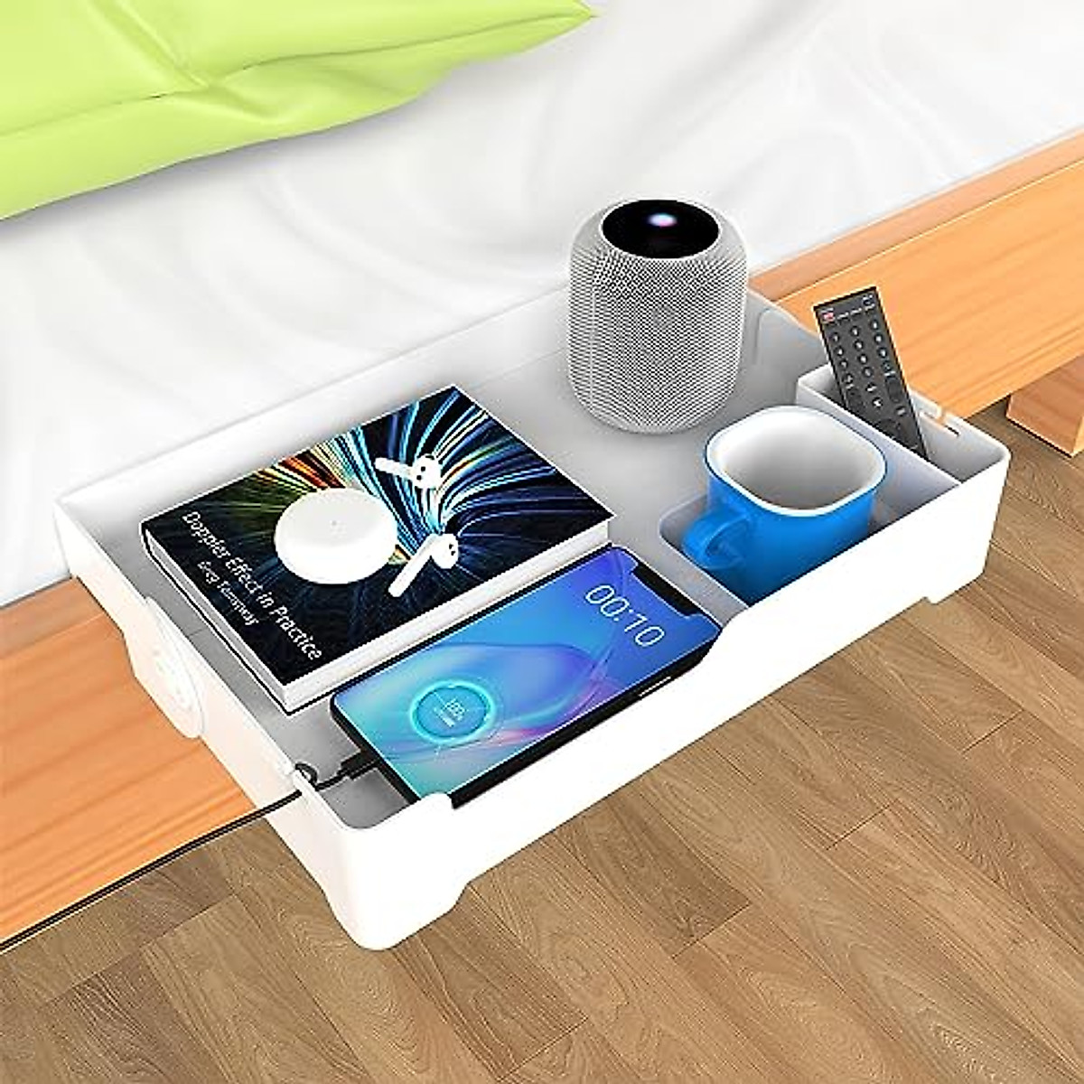 JUMEIHUI Folding Bedside Shelf for Bed College Dorm,Bunk Bed Shelf for Top Bunk,Bed Shelf Organizer with Cup Holder,Bed Accessories,Bedside Organizer for Phones,Kindle,Book,Remote,CPAP(White)