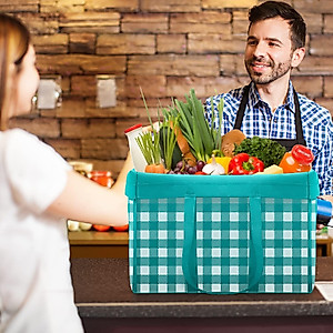 WISELIFE Reusable Grocery Shopping Bags 10 Pack Large Foldable Tote Bags Bulk, Eco Produce Bags with Long Handle for Shopping Groceries Clothes (Plaid C)