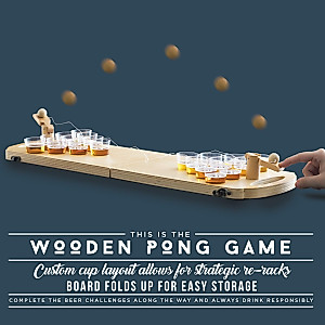 Hammer + Axe Mini Beer Pong Drinking Game, Portable Foldable Wood Tabletop Activity, Includes 25 Cups, 2 Balls, Carrying Bag, Tailgate College BBQ Party Game, College Dorm Gift, Alcohol Liquor Shots