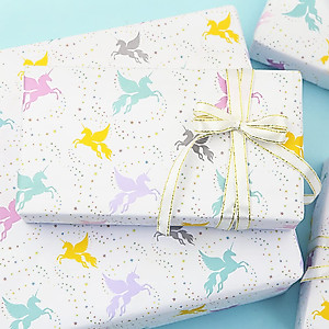 Magic Flying Unicorn Over Rainbow Star Dreams On White Wrapping Paper Sheets, Fantasy Horse With Wings and Horn Gift Wrap for Birthday Wedding Bridal Baby Shower Girl Kids, 4 Sheets Folded Flat 20x28 inches per sheet, 15 sq. ft. ttl.